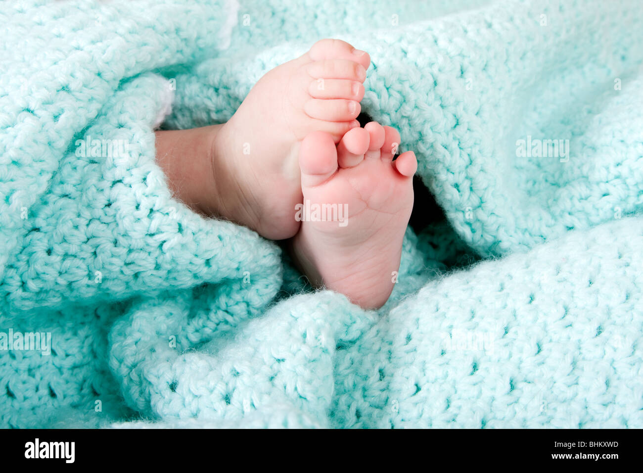 Two cute tiny baby feet wrapped in a blue-green aqua knitted blanket ...