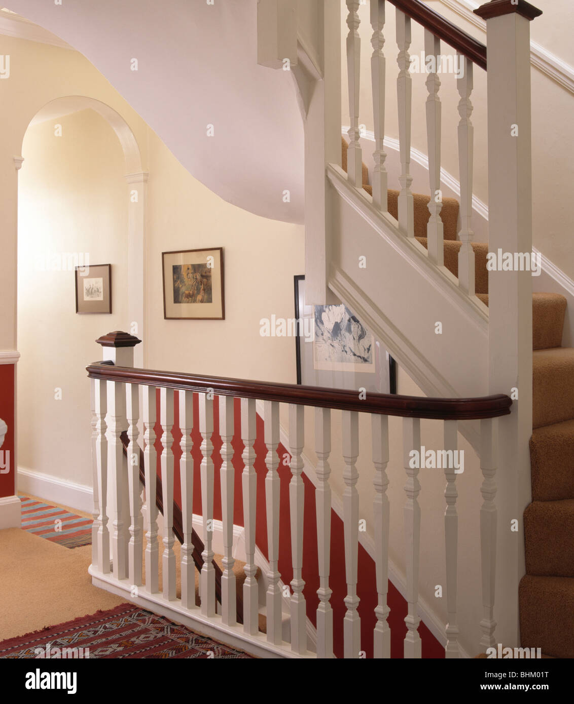 White banisters on staircase on traditional townhouse landing Stock ...