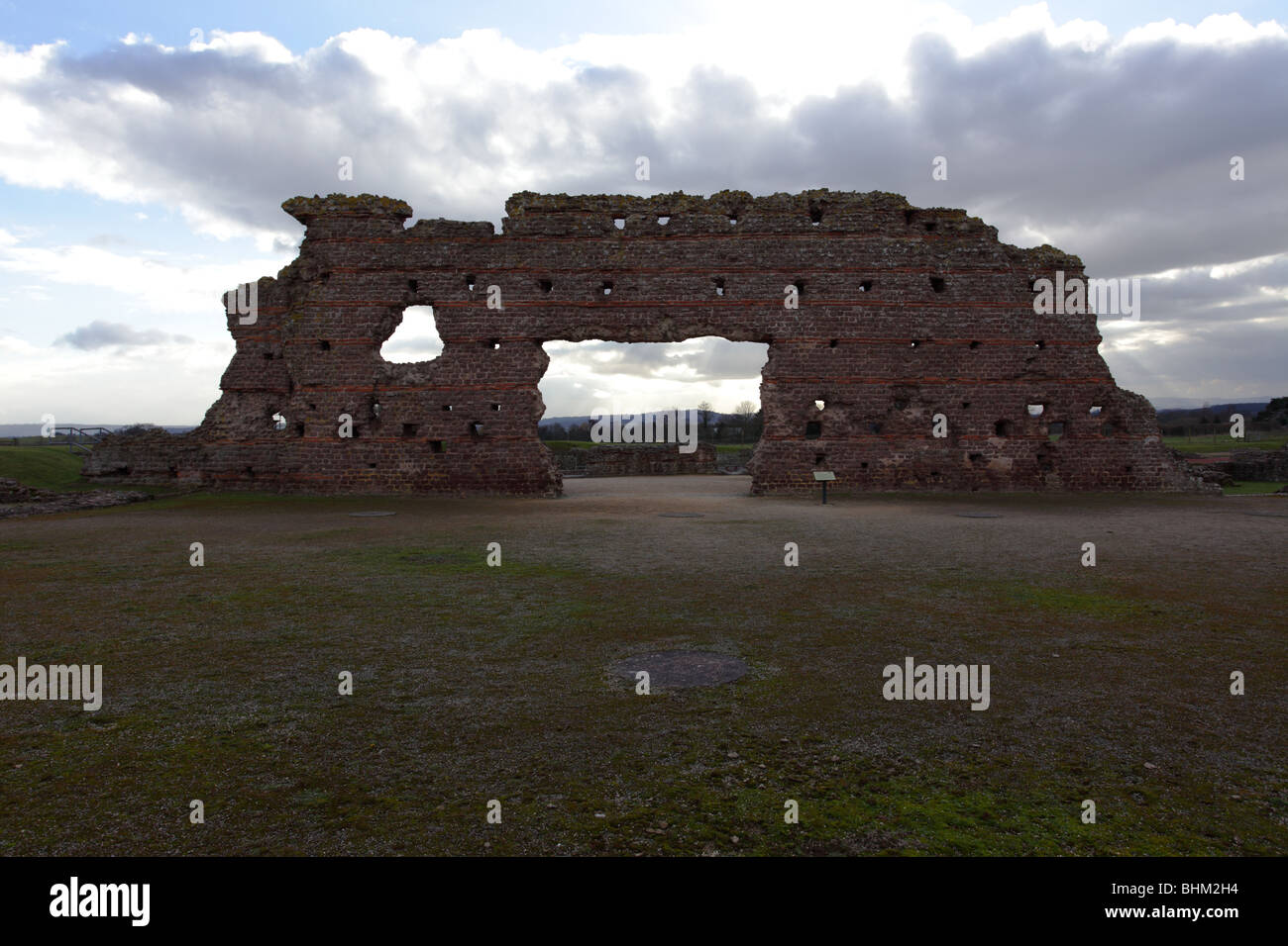 Back lit ruins at the Roman City of Viroconium,situated in Wroxeter in ...