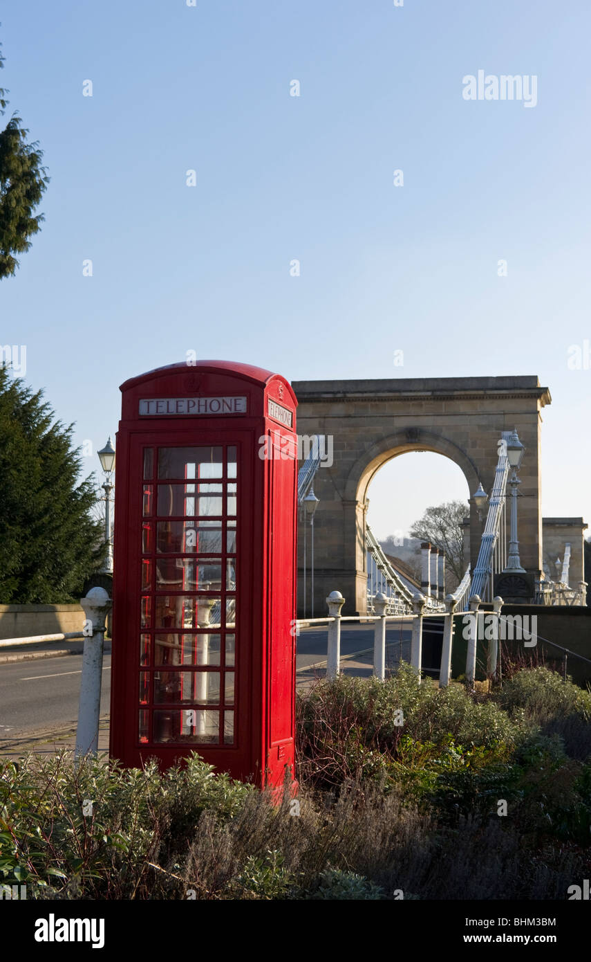 a traditional red telephone box at Marlow suspension bridge Marlow UK ...