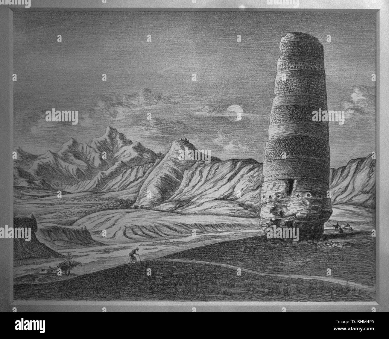 Painting depicting the Burana Tower on the ancient Silk Road, Bishkek ...