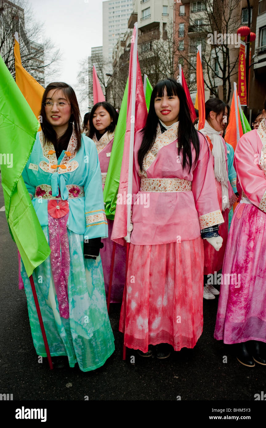 Paris, France, Group People, Chinese Women Standing, Posing, Dressed in ...