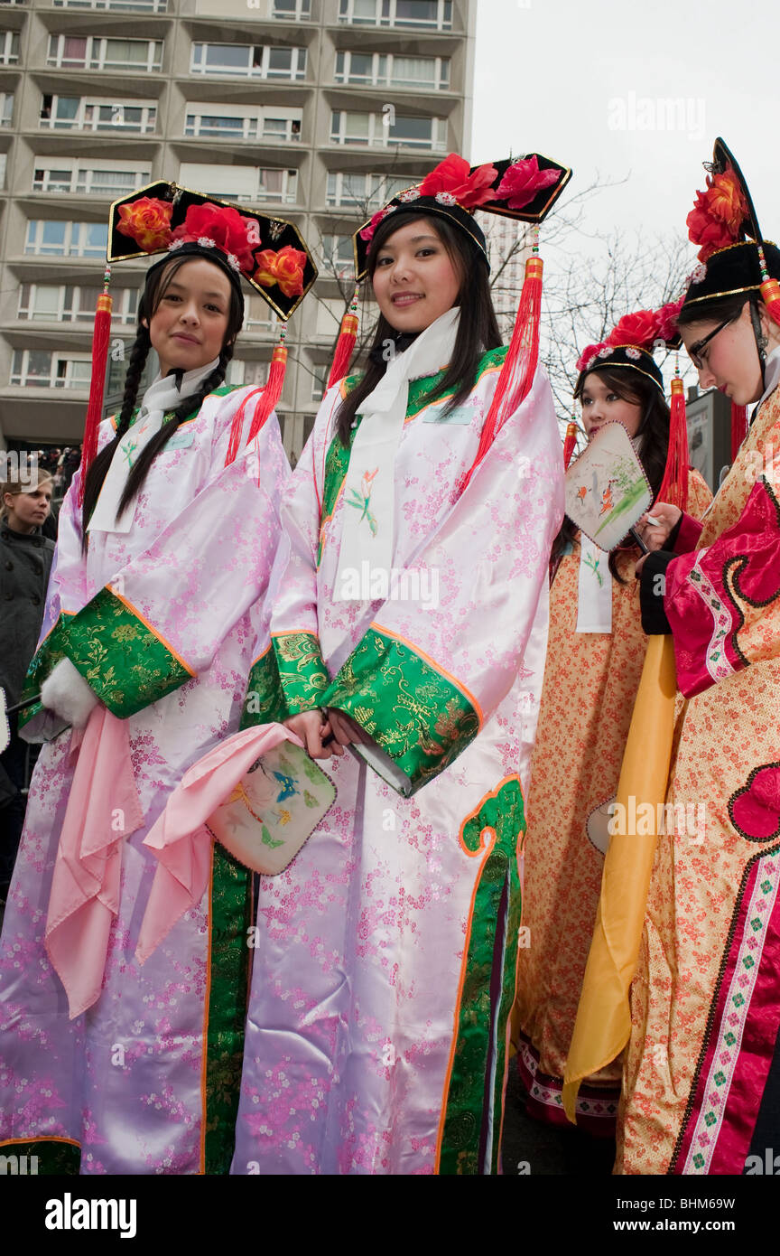 Paris, France, Group People, Chinese Women Standing, Posing, Dressed in ...