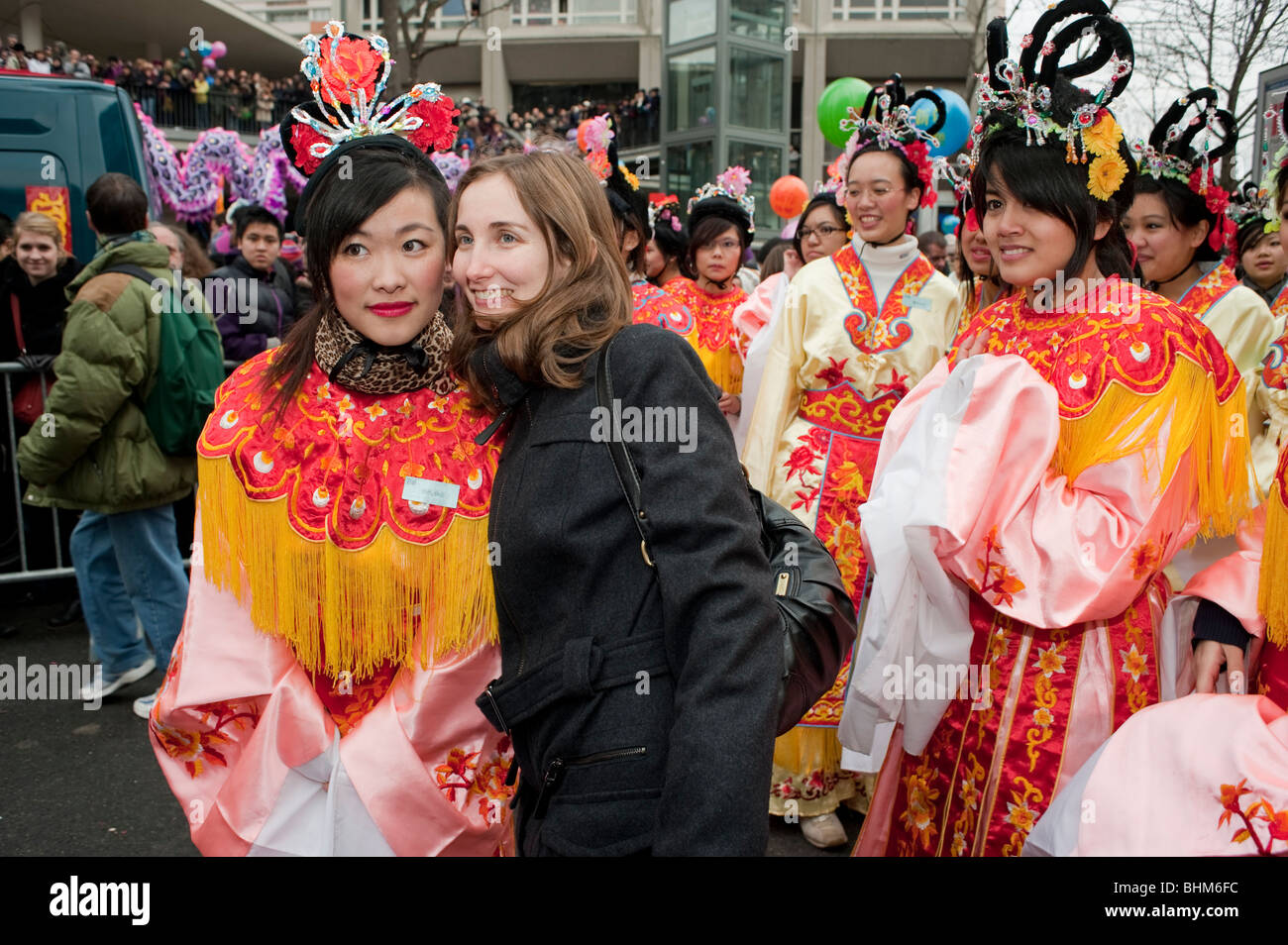 Paris, France, Large Crowd People, Young Chinese Women in Traditional ...