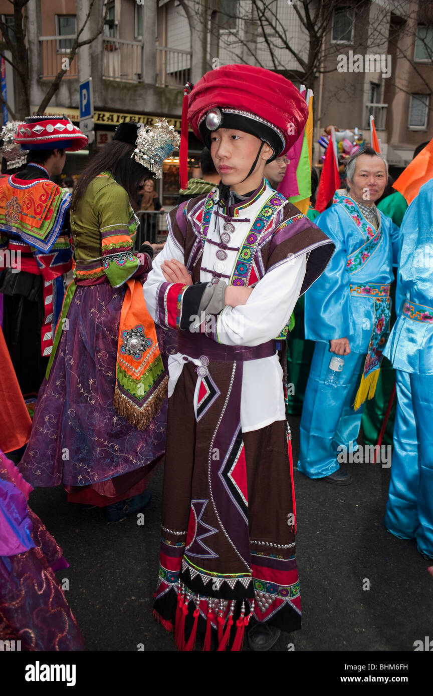 Paris, France, Young men in Traditional Dress in Chinese New Year ...