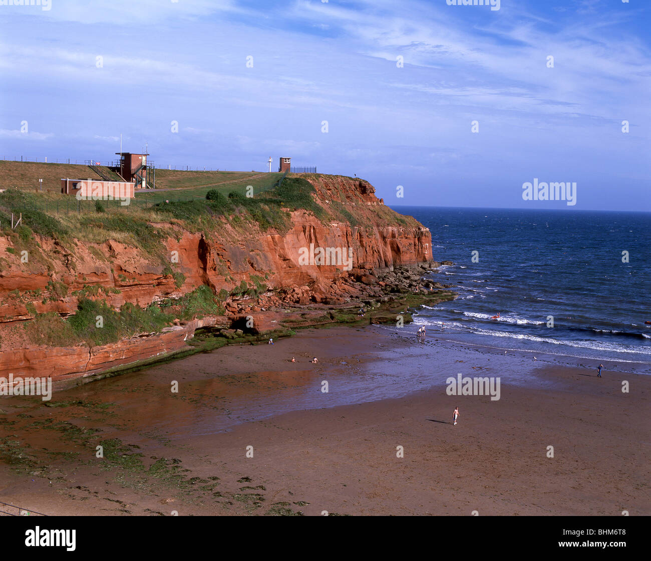 Beach and rocks from cliffs, Sandy Bay, near Exmouth, Devon, England ...