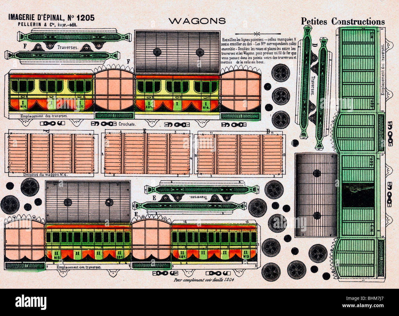 Print showing paper cutout designs for three railroad passenger and ...