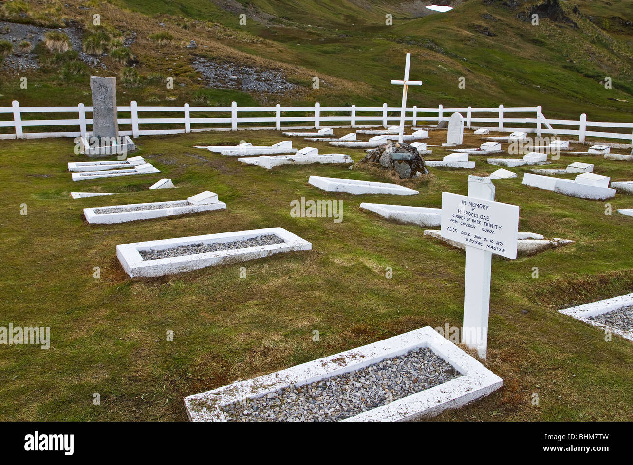 The whaler's cemetery at Grytviken on South Georgia Island. The grave ...