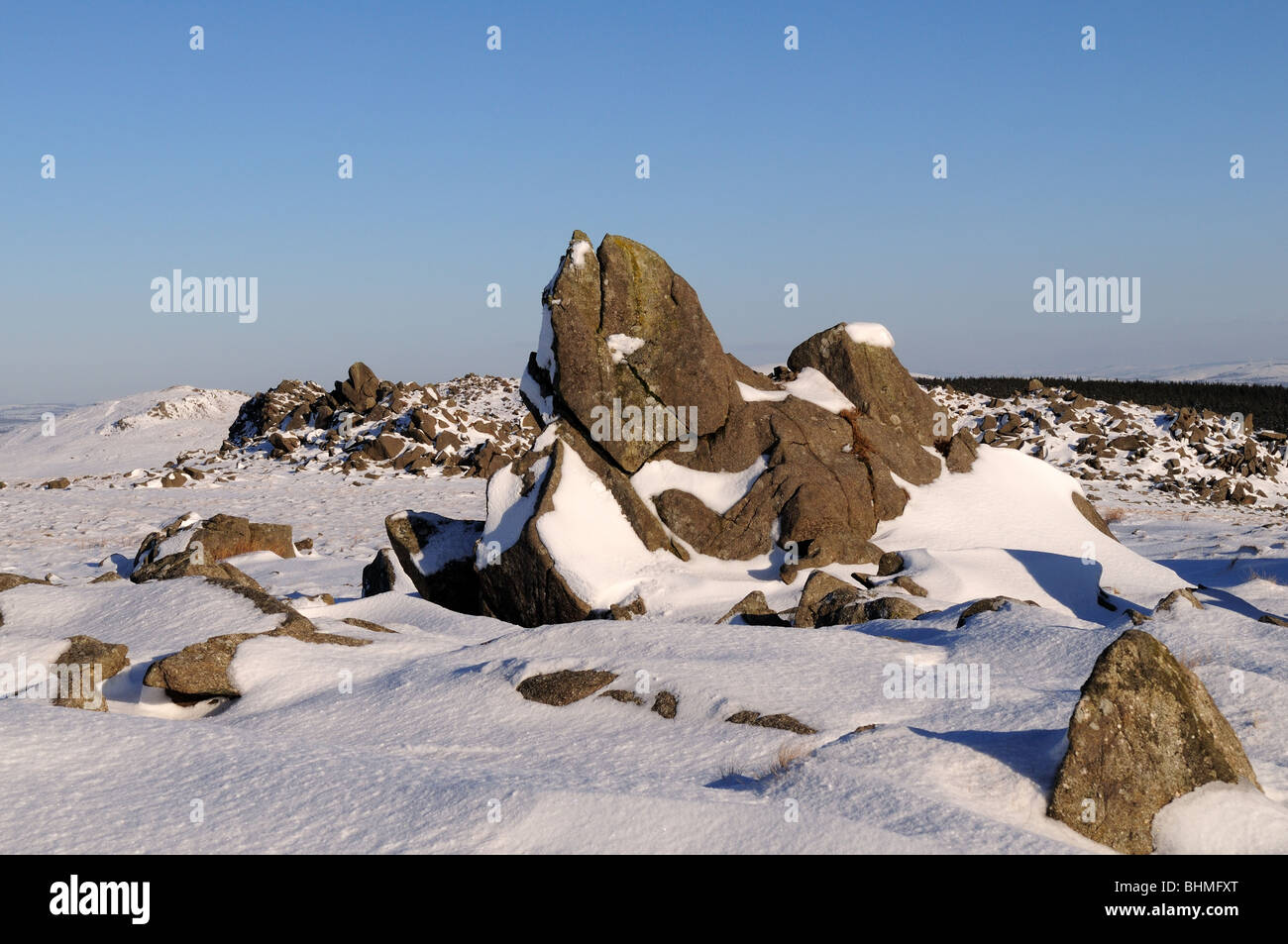 Outcrops of Spotted Dolerite - Bluestones on Carn Menyn in snow Preseli ...