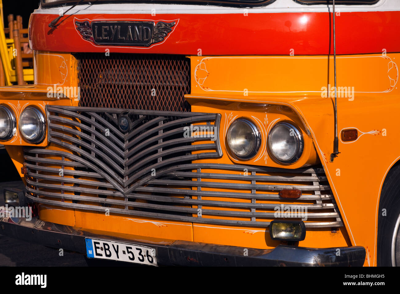 Front of vintage Yellow and gold British Leyland bus in Mosta, Malta ...