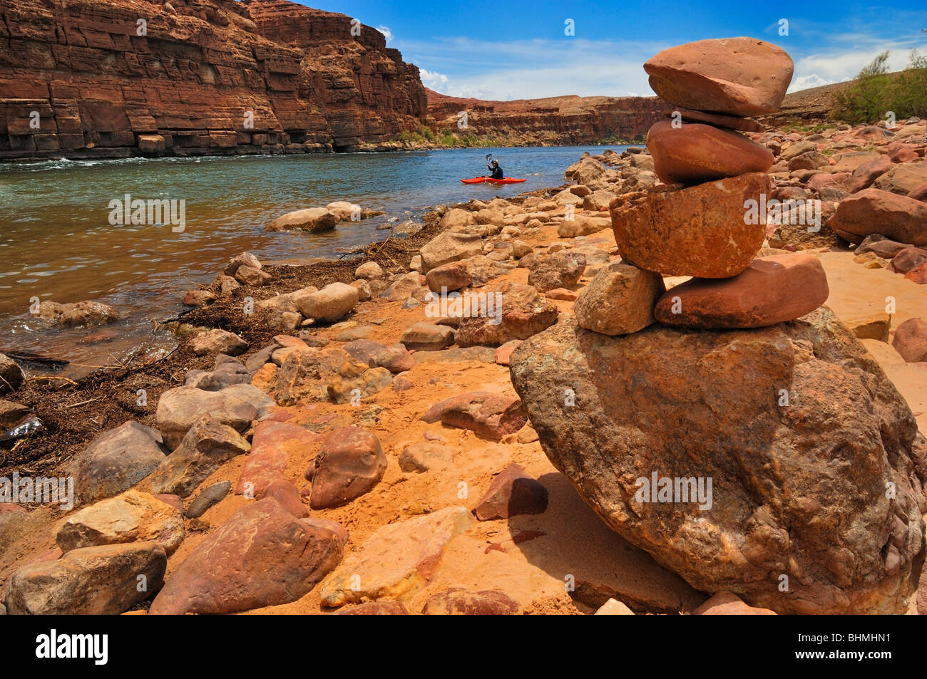 Canoeist on the Colorado River at Lees Ferry, officially the start of ...
