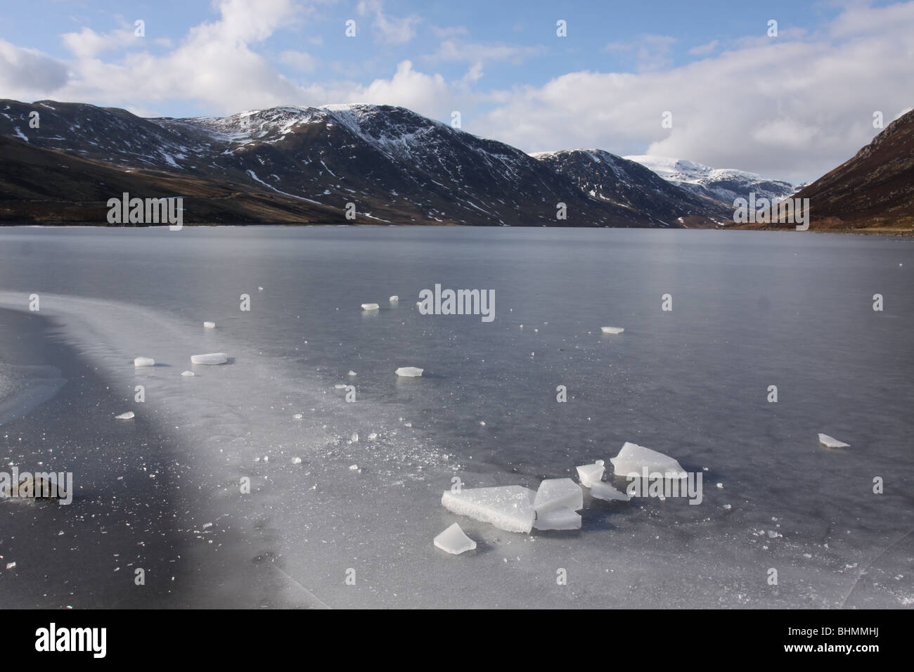 frozen surface of Loch Turret Reservoir Glen Turret Perthshire Scotland ...
