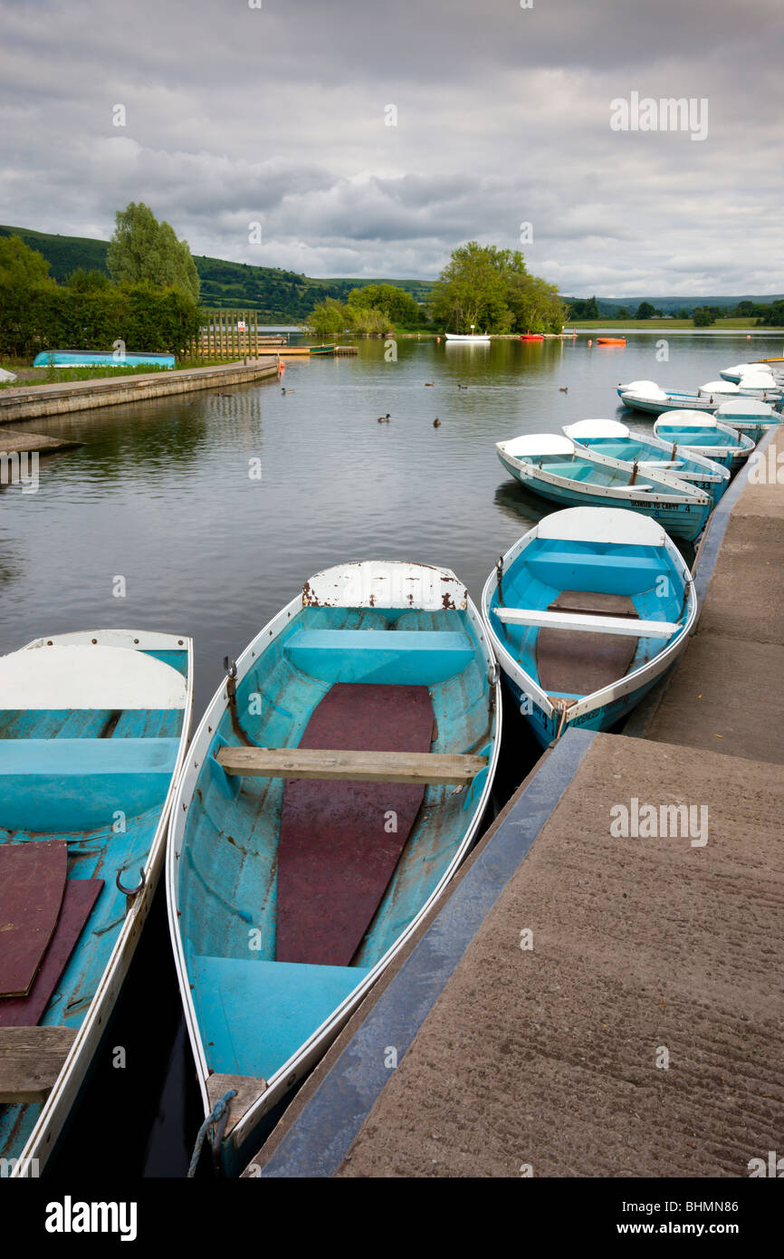 Pleasure boats moored at Llangorse Lake, Brecon Beacons National Park ...