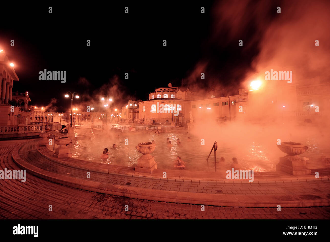 Steam rising off the Szechenyi Baths on a cold winter night in Budapest ...