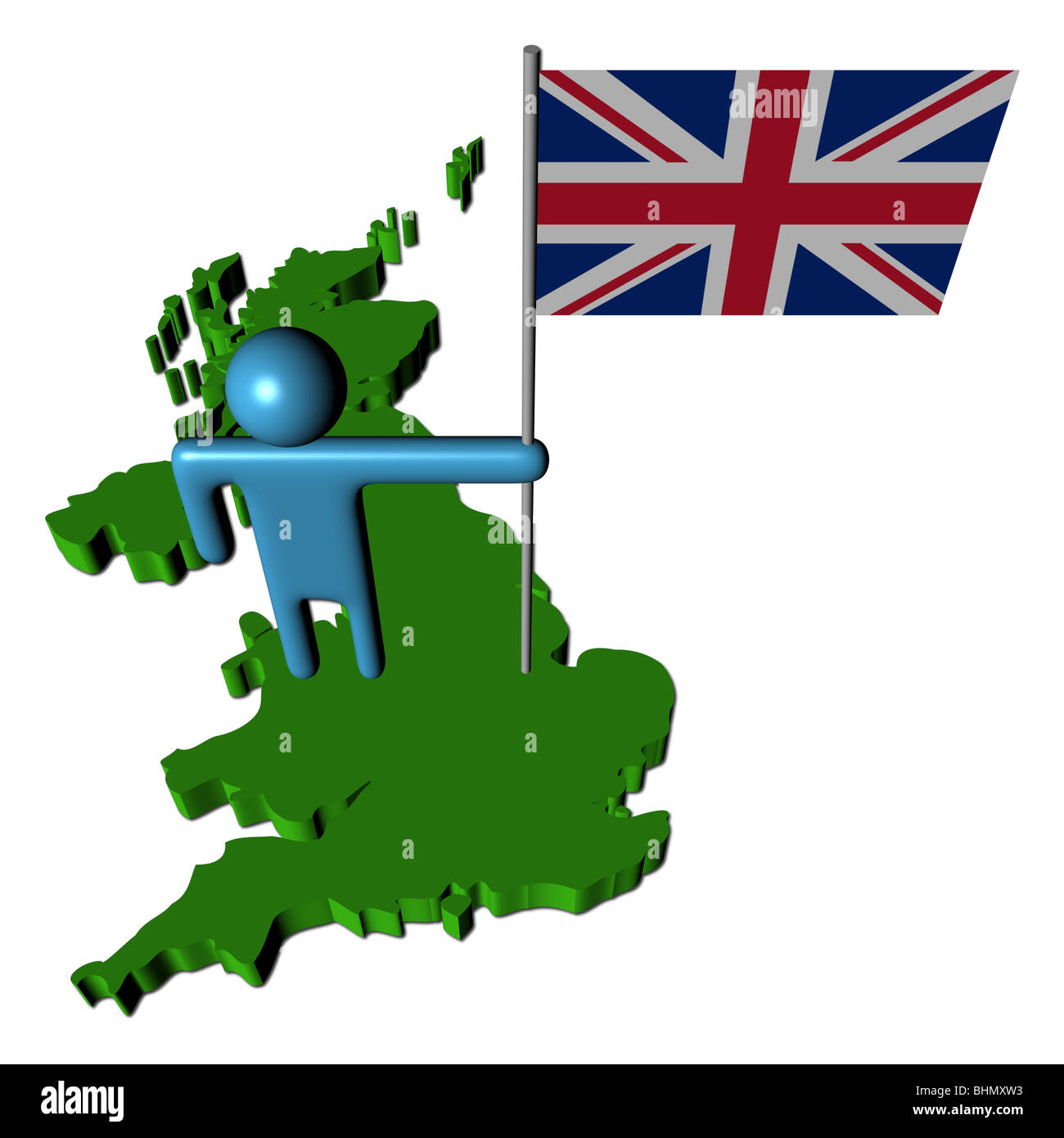 abstract person with British flag on map illustration Stock Photo - Alamy