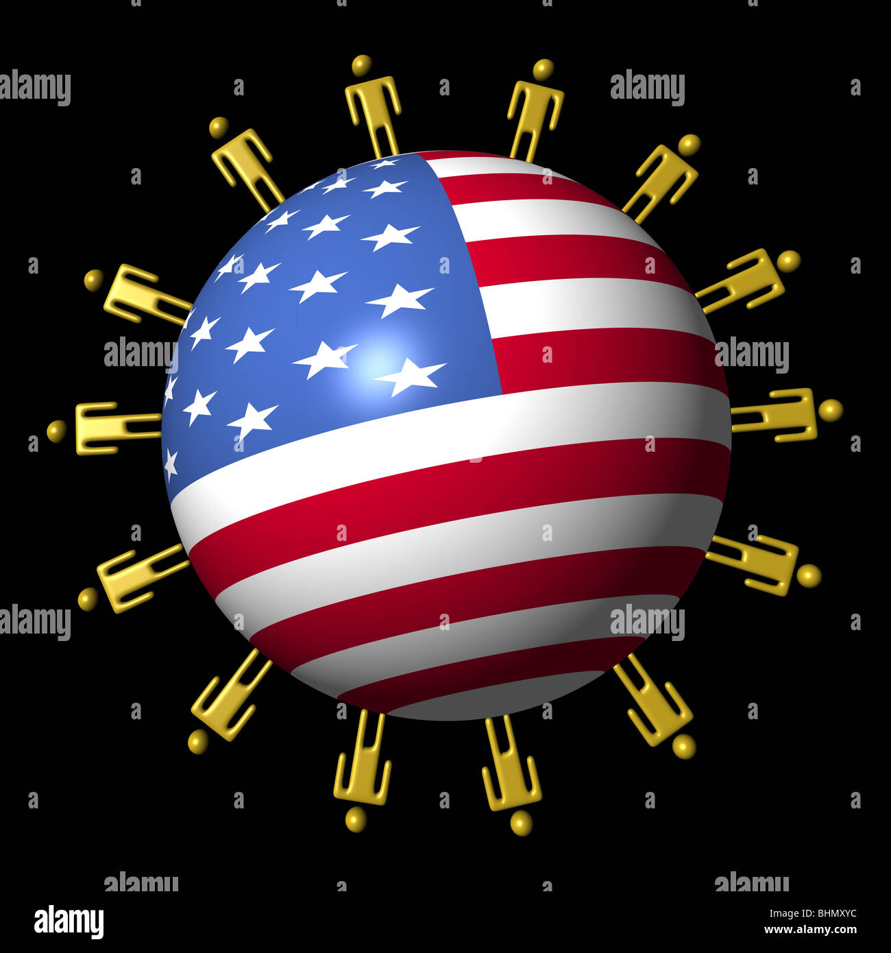 circle of abstract people around American flag sphere illustration ...