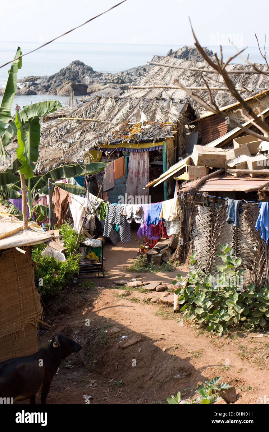 Overlooking palm tree shacks on the beach in Goa Stock Photo - Alamy