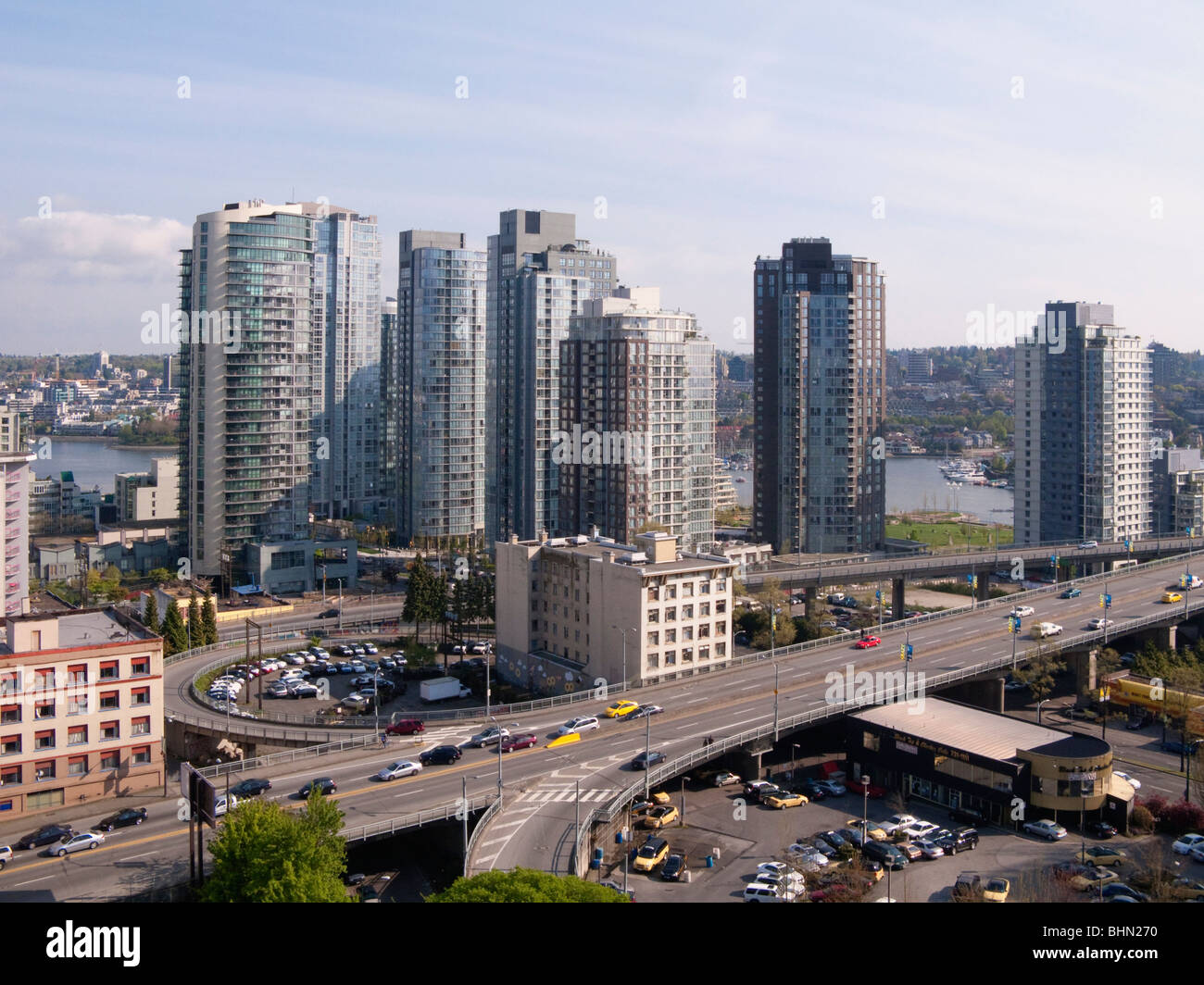 High-rise buildings, False Creek, and the foot of the Granville Street ...