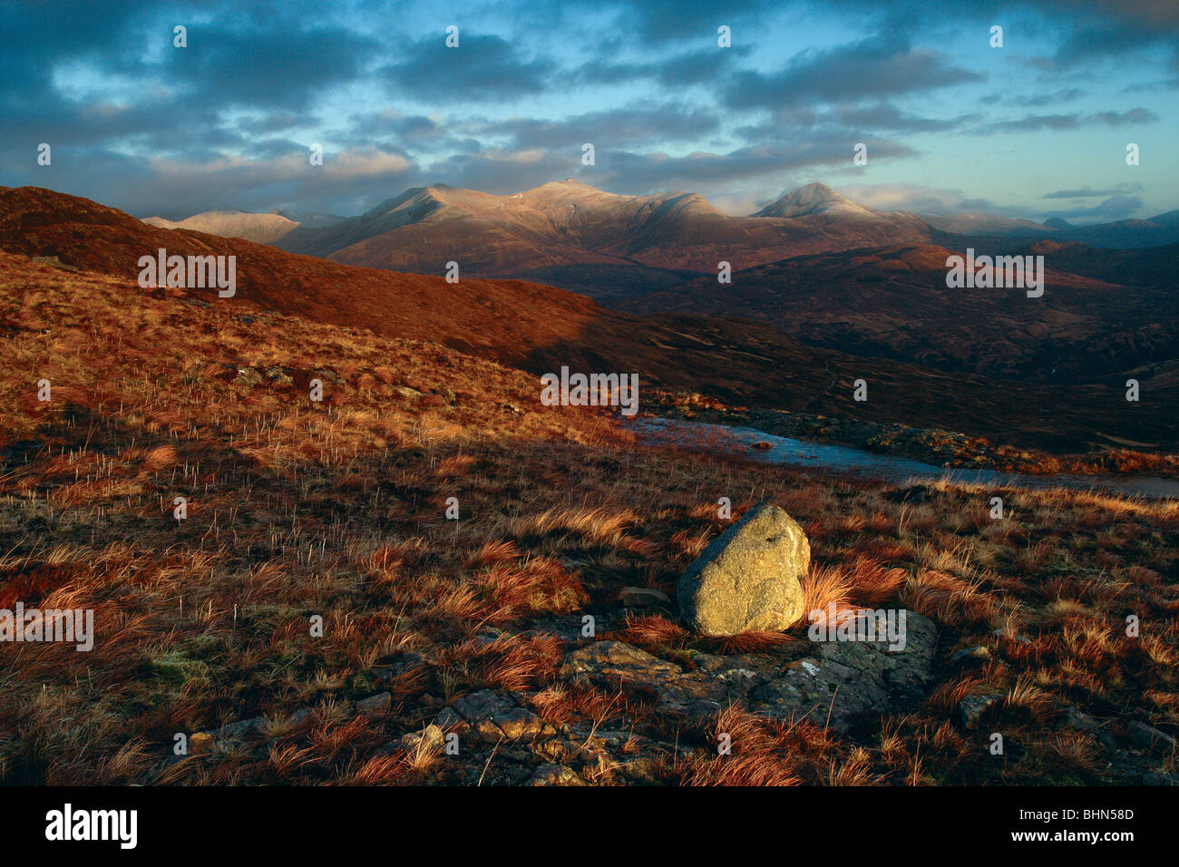 The Mamores range of mountains at dawn from Stob Mhic Mhartuin Glencoe ...