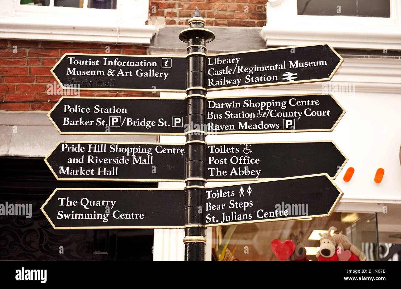 Traditional style multi directional finger post sign in Shrewsbury town ...