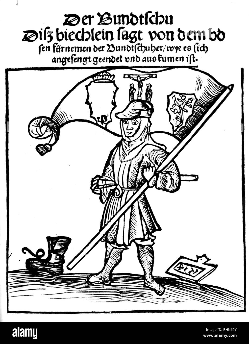 events, Bundschuh movement 1493 - 1519, peasant with flag, woodcut on ...