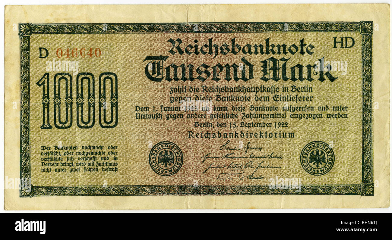 money / finance, banknotes, Germany, 1000 Mark, Reichsbank, Berlin, 15. ...
