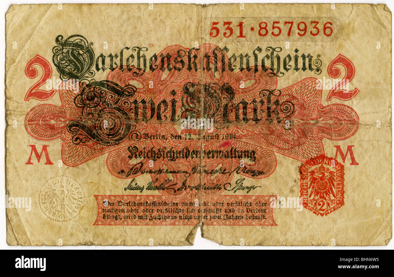 money / finance, banknotes, Germany, 2 Mark, credit note of ...