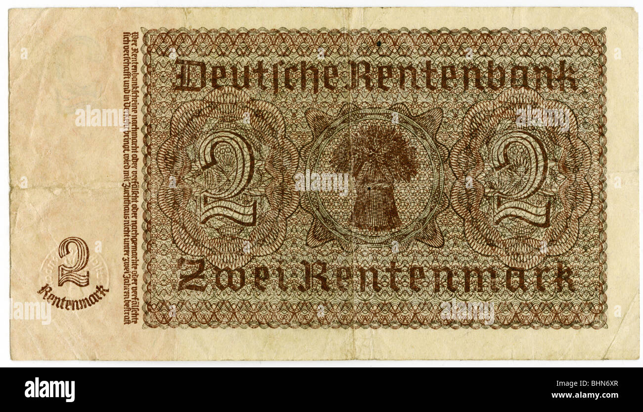 money / finance, banknotes, Germany, 2 Rentenmark, Deutsche Rentenbank ...