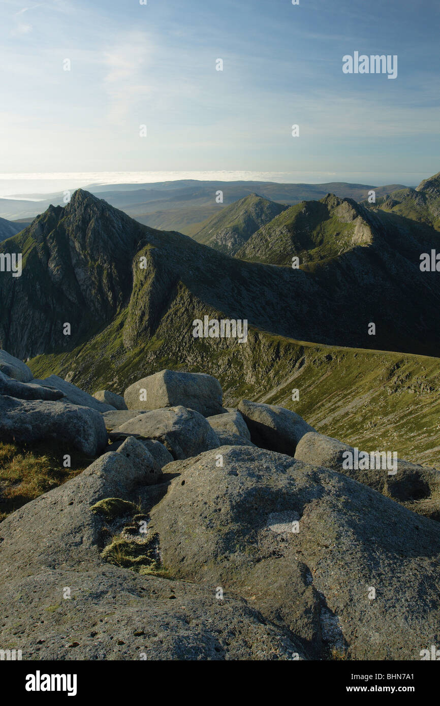 Cir Mhor from the summit of Caisteal Abhail at dawn, Isle of Arran ...