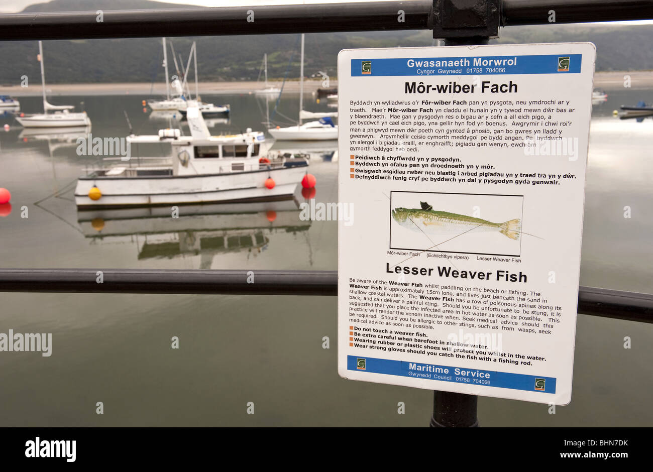 Quayside railing bi-lingual warning sign giving warning about Lesser ...