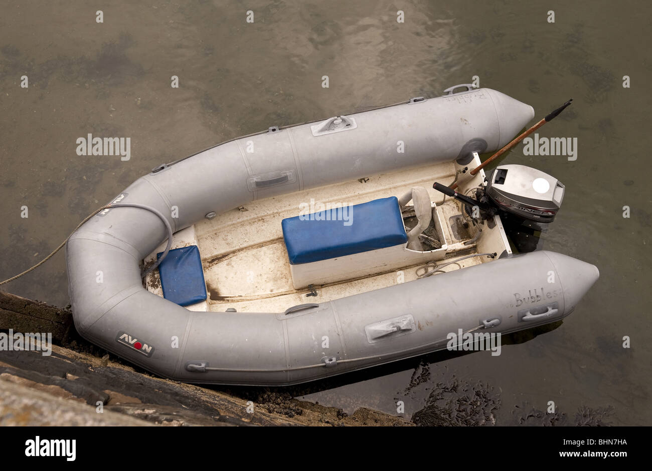 Aerial view of a small outboard motor boat moored in harbour Stock ...