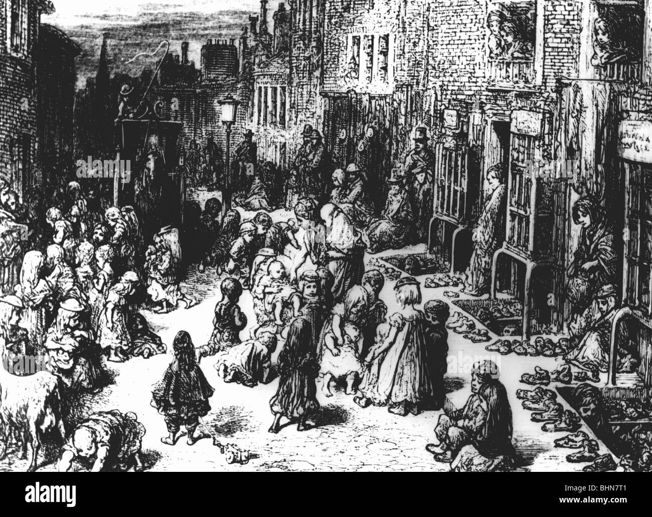 medicine, pandemic diseases, tuberculosis, British slums with sick ...