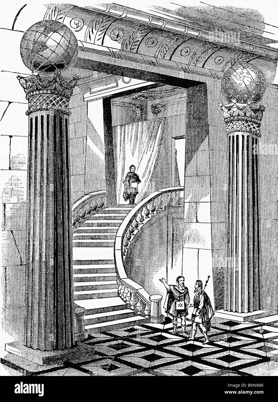 freemason, entrance to the temple of a Masonic lodge, wood engraving ...