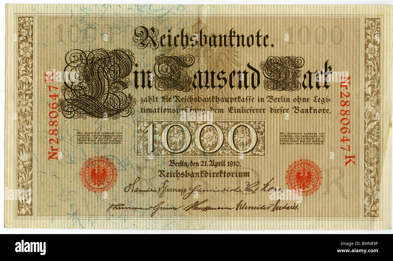 money / finance, banknotes, Germany, 1000 Mark, Reichsbank, Berlin, 21. ...
