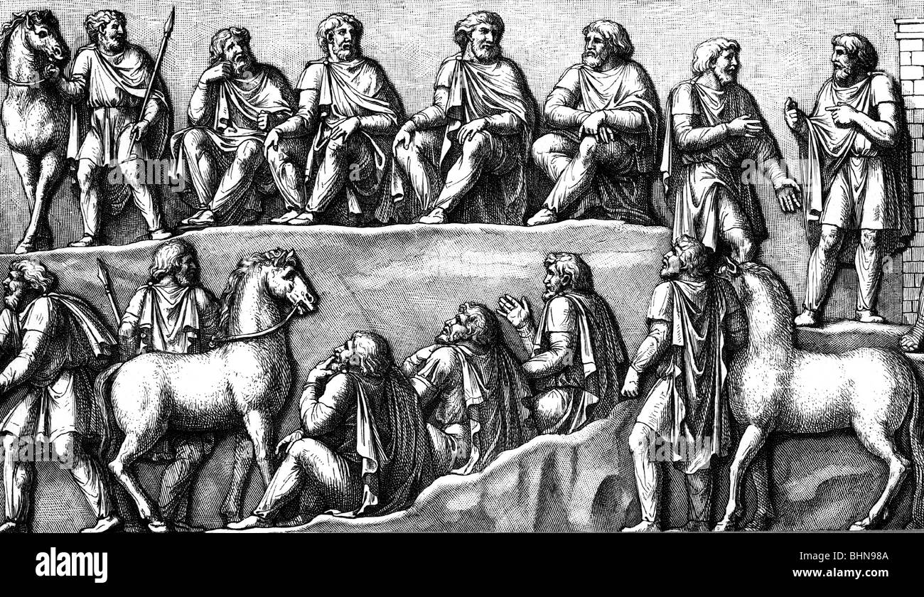 ancient world, Germanics, council, wood engraving after relief from the ...