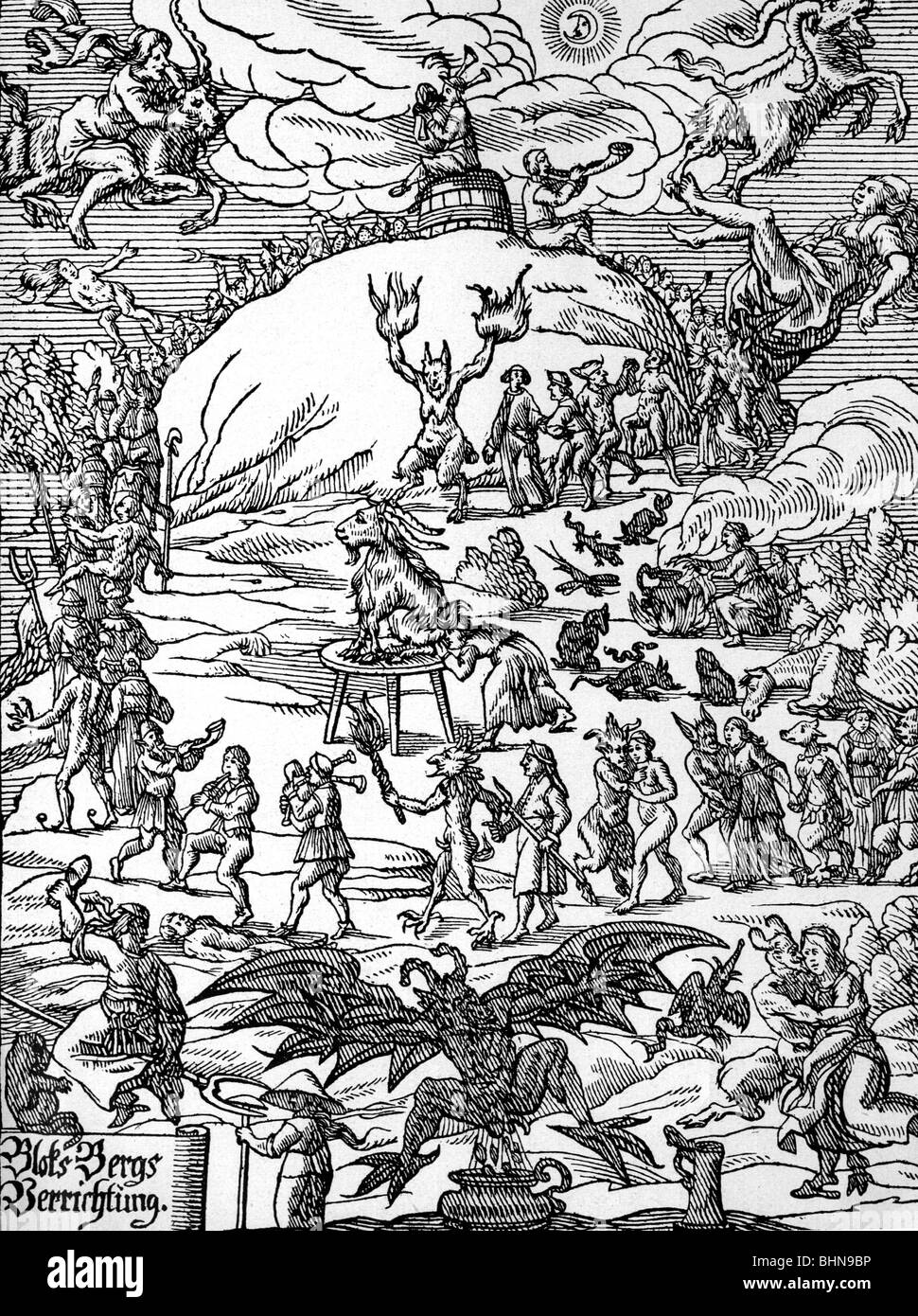 witches, Walpurgis Night, witches' sabbath on the Blocksberg, woodcut ...