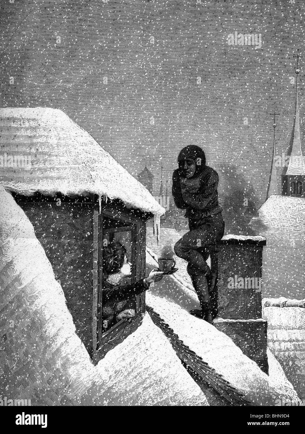 people, professions, chimney sweep, woman handing a freezing ...