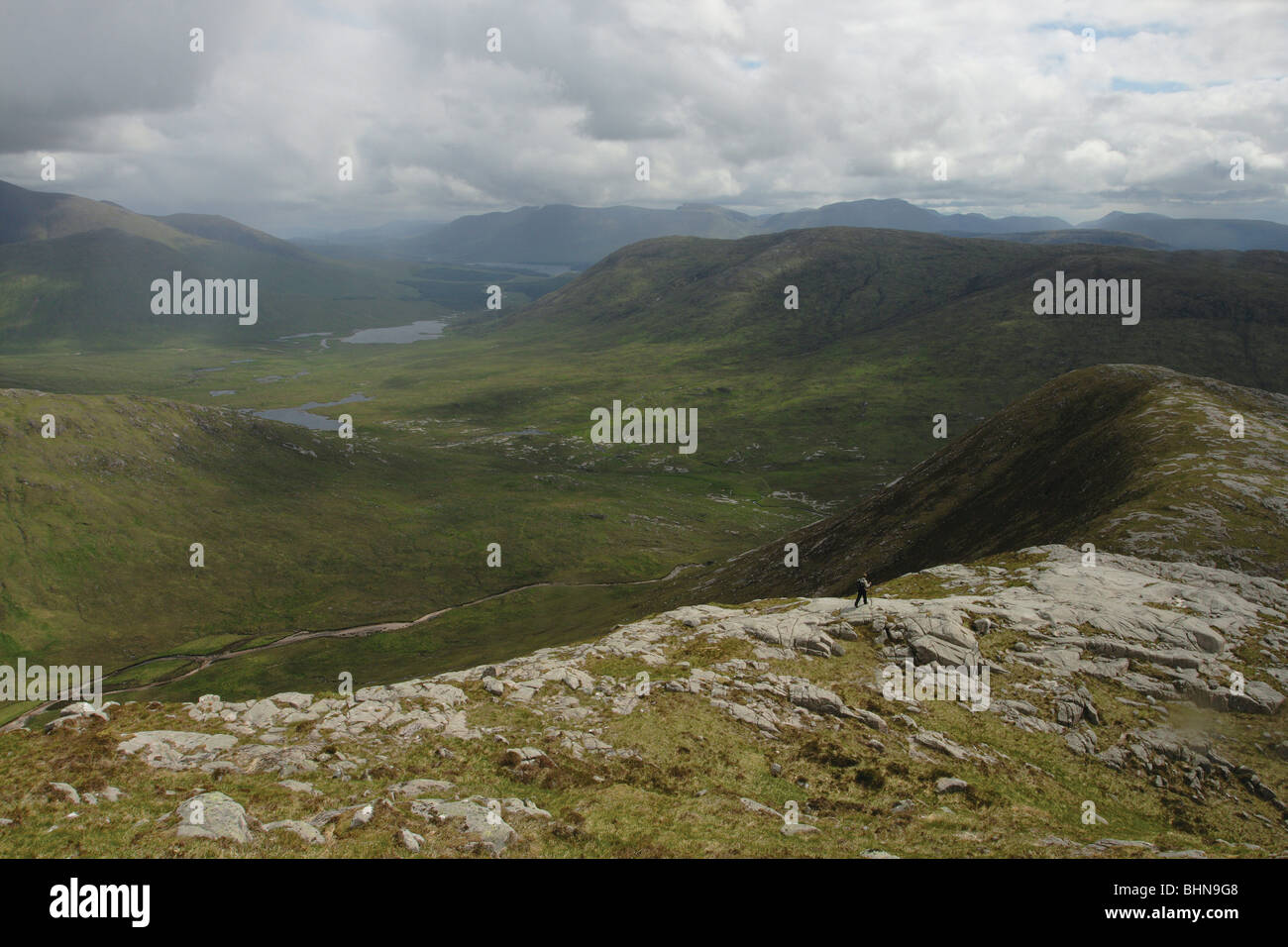 A walker descending Beinn nan Aighenan with Loch Dochard beyond, Argyll ...