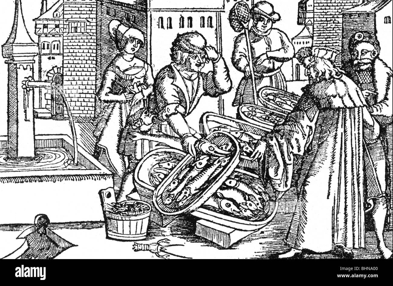 trade, fish market, fishermen selling draught, woodcut by Hans Frank ...