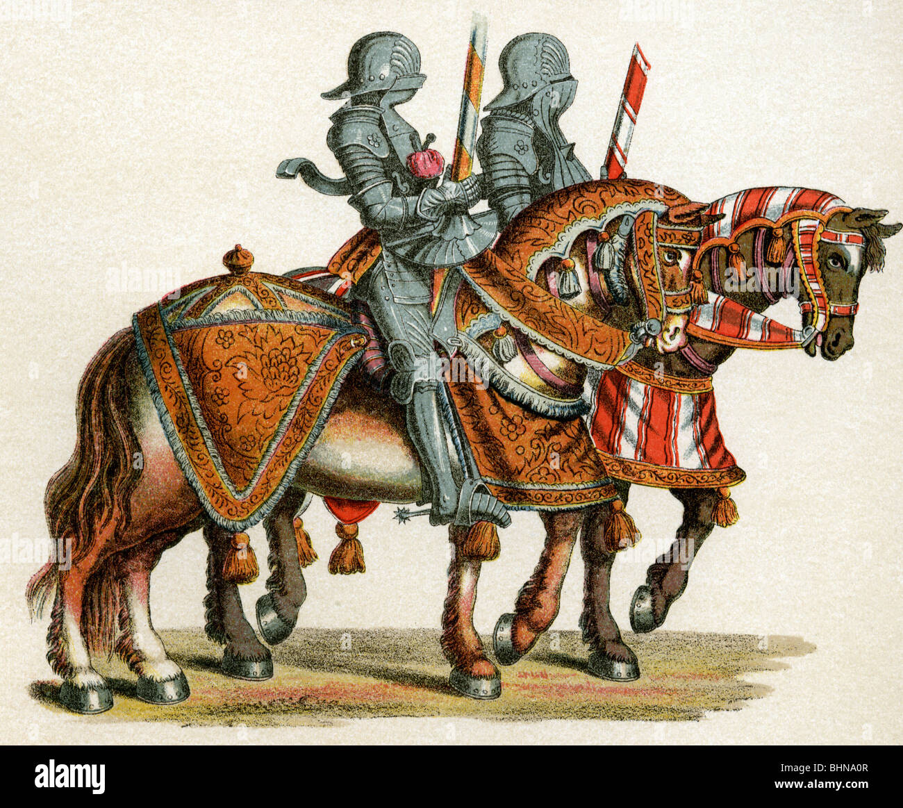 middle ages, knights, riding to tournament, coloured lithograph after ...