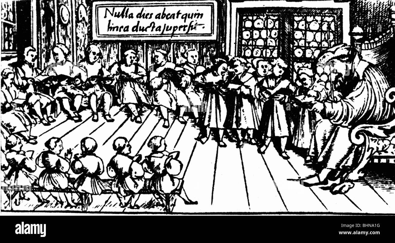 education, pupils learn how to write, woodcut, 16th century Stock Photo ...