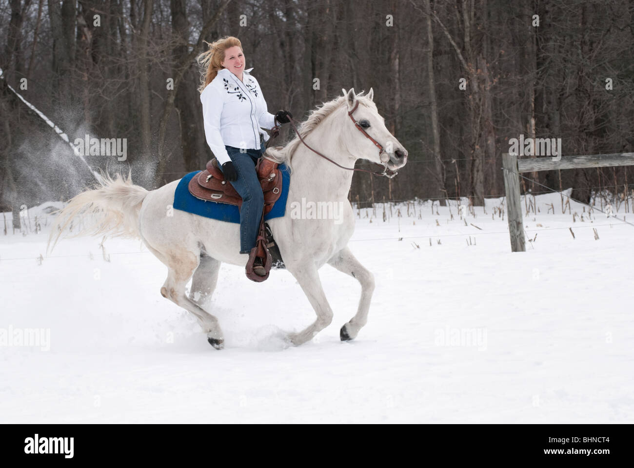 Pretty blonde woman riding horseback hi-res stock photography and ...