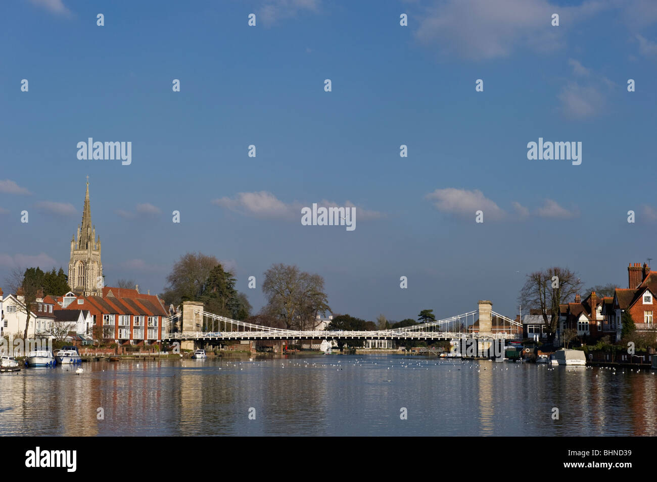 A downstream view of Marlow town suspension road bridge over the River ...