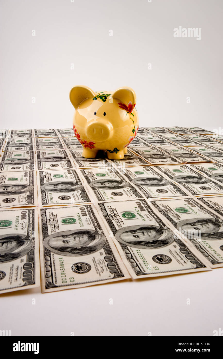 Piggy Bank sitting on top of $100 US dollar bills Stock Photo - Alamy