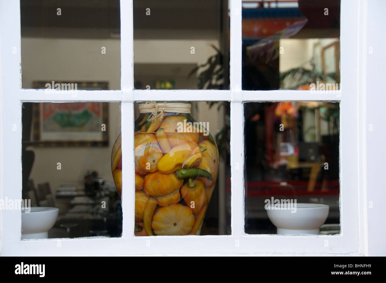 Jar of pickled fruits seen through window of Prezzo Italian restaurant ...