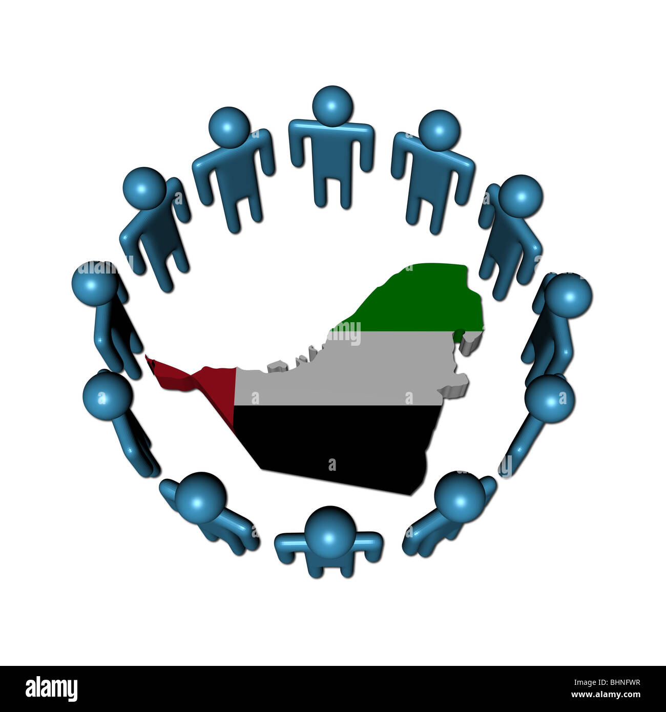 Circle of abstract people around UAE map illustration Stock Photo - Alamy