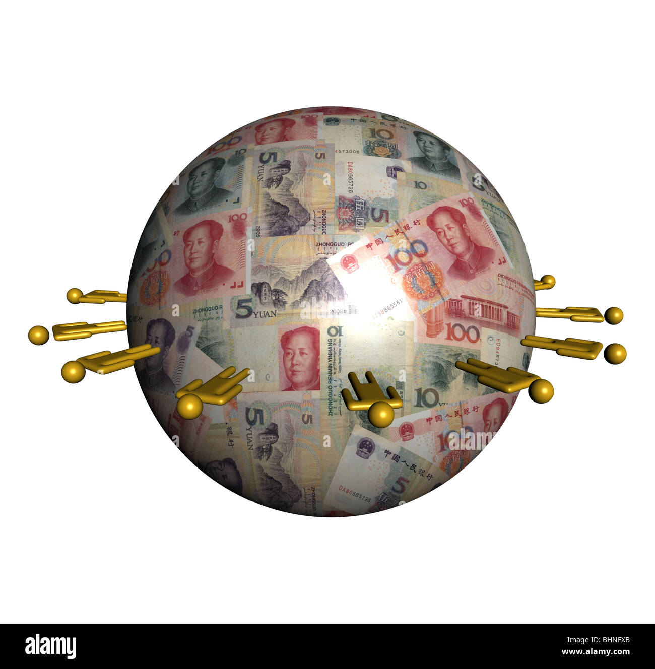 circle of abstract people around Chinese Yuan sphere illustration Stock ...