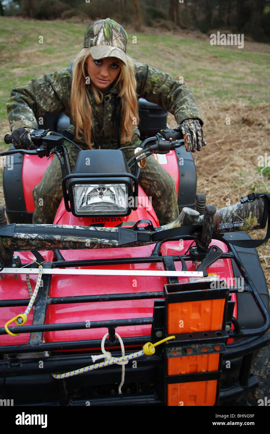 YOUNG 21 Y.O FEMALE WOMAN GIRL HUNTER IN CAMOFLAUGE ON ATV ALL TERRAIN ...