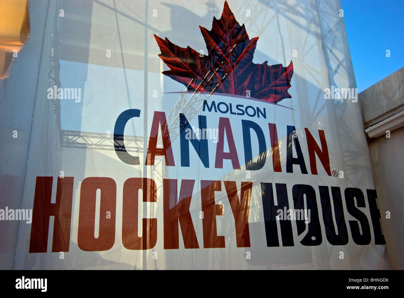 Sheer fabric see through advertising sign at entranceway to Molson ...