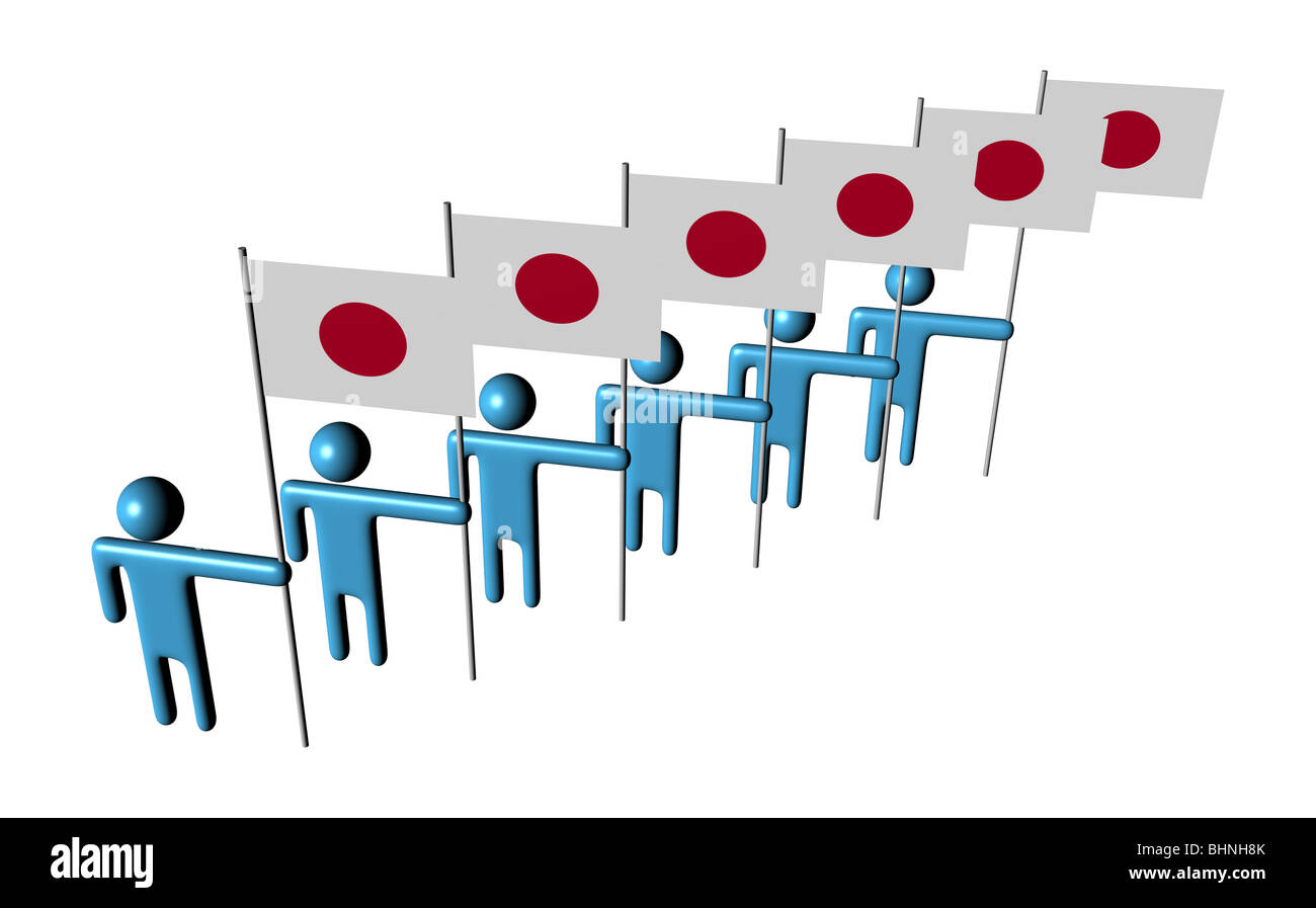 line of 3d abstract men holding Japanese flags illustration Stock Photo ...